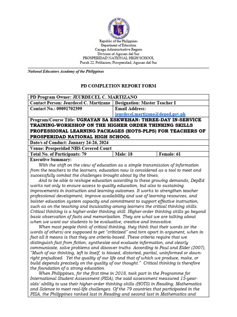 PD Completion Report Neap | PDF | Teachers | Learning