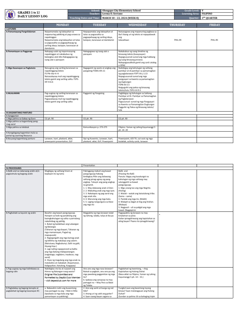 DLL - Filipino 5 - Q3 - W8 | PDF
