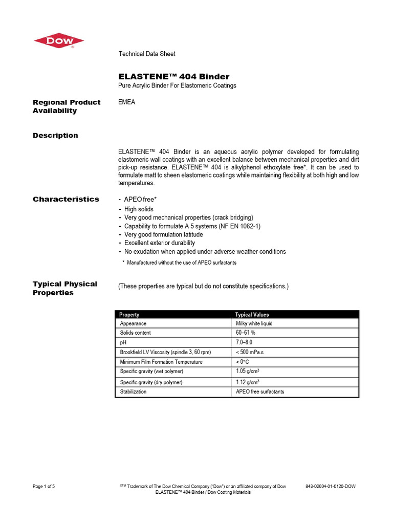 843-02004-01-elastene404-binder-tds | PDF | Paint | Safety