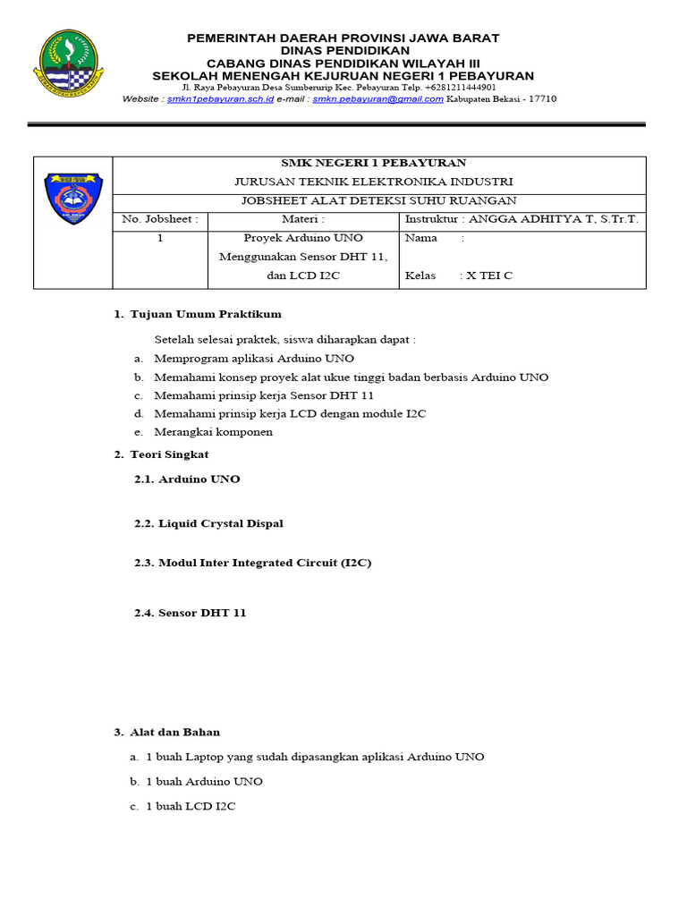 Jobsheet Kelas X TEI C Alat Pendeteksi Suhu Ruangan Berbasis Arduino | PDF