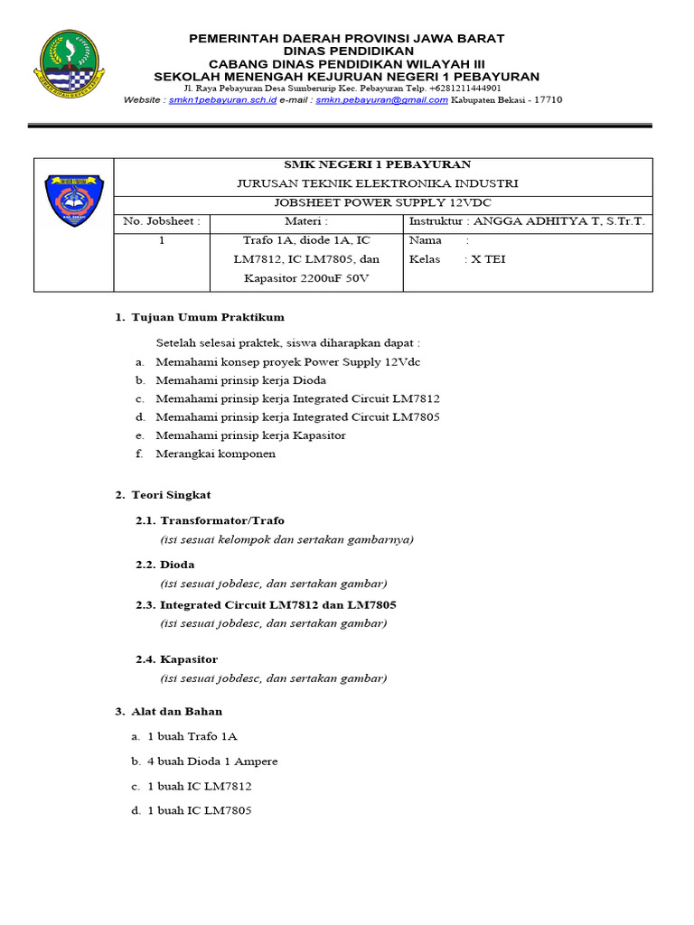 Jobsheet Kelas X TEI Power Supply | PDF