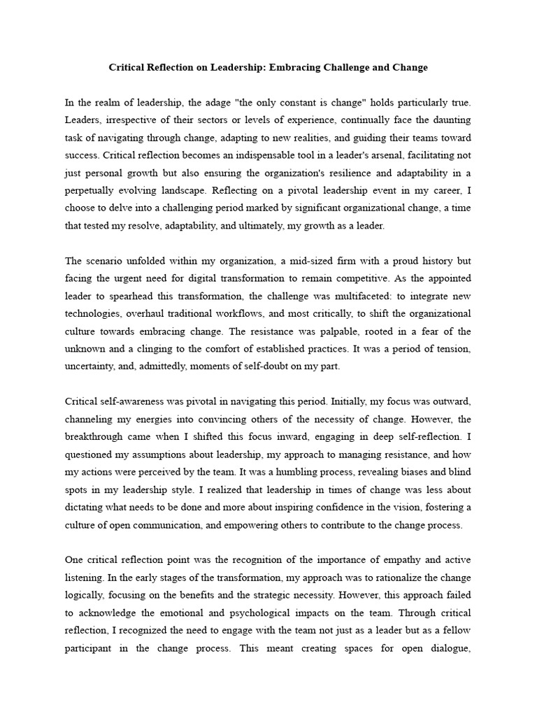 Critical Reflection On Leadership | PDF | Leadership | Psychological ...