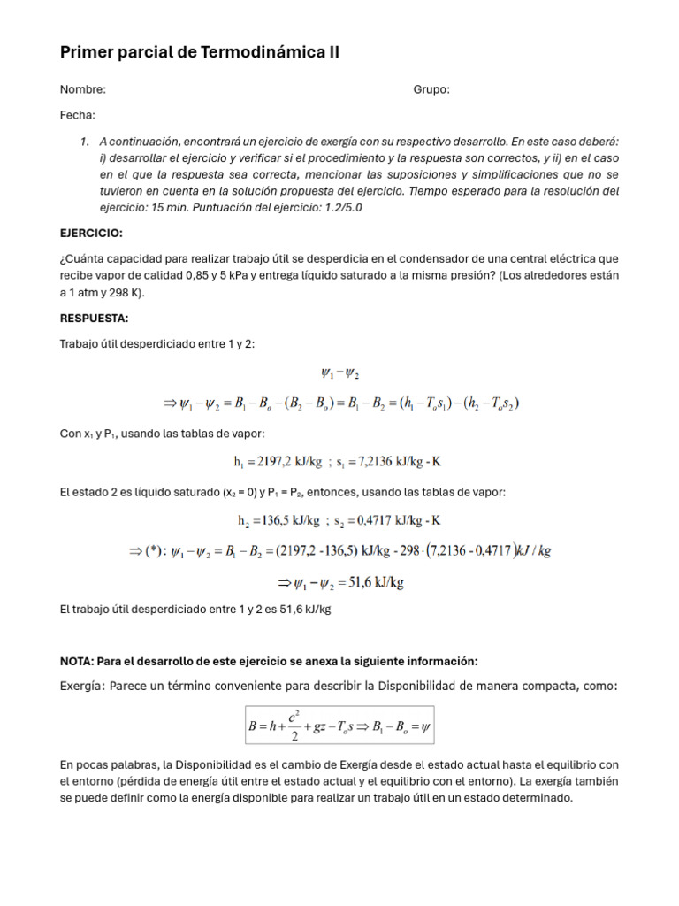Primer Parcial Termo II | Descargar gratis PDF | Ejercicio | Naturaleza