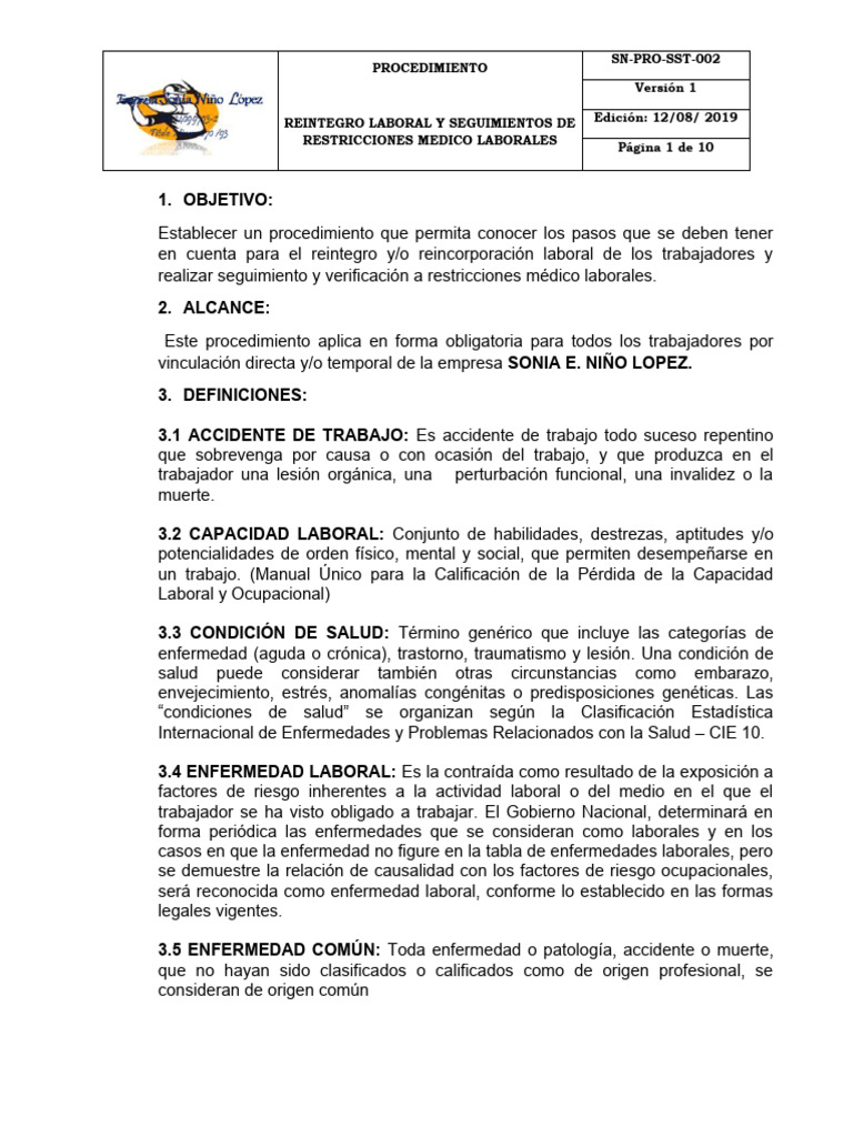 Procedimiento de Reintegro Laboral y Seguimientos de Restricciones Medico Laborales | PDF ...