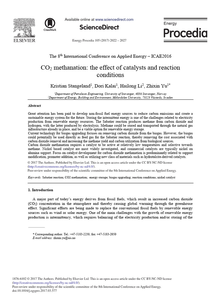 CO2 Methanation - The Effect of Catalysts and Reaction Conditions | PDF ...