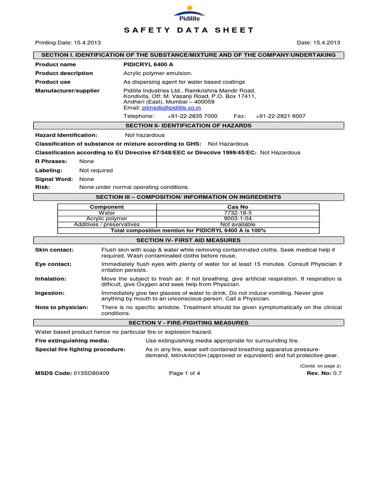 Msds-Pidicryl 6400 A | PDF | Personal Protective Equipment | Toxicity