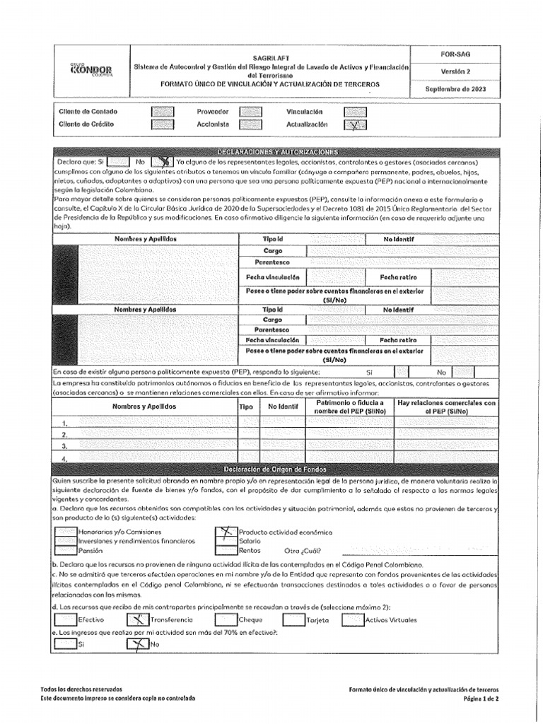 Formato de declaración de origen de fondos Sagrilaft | PDF