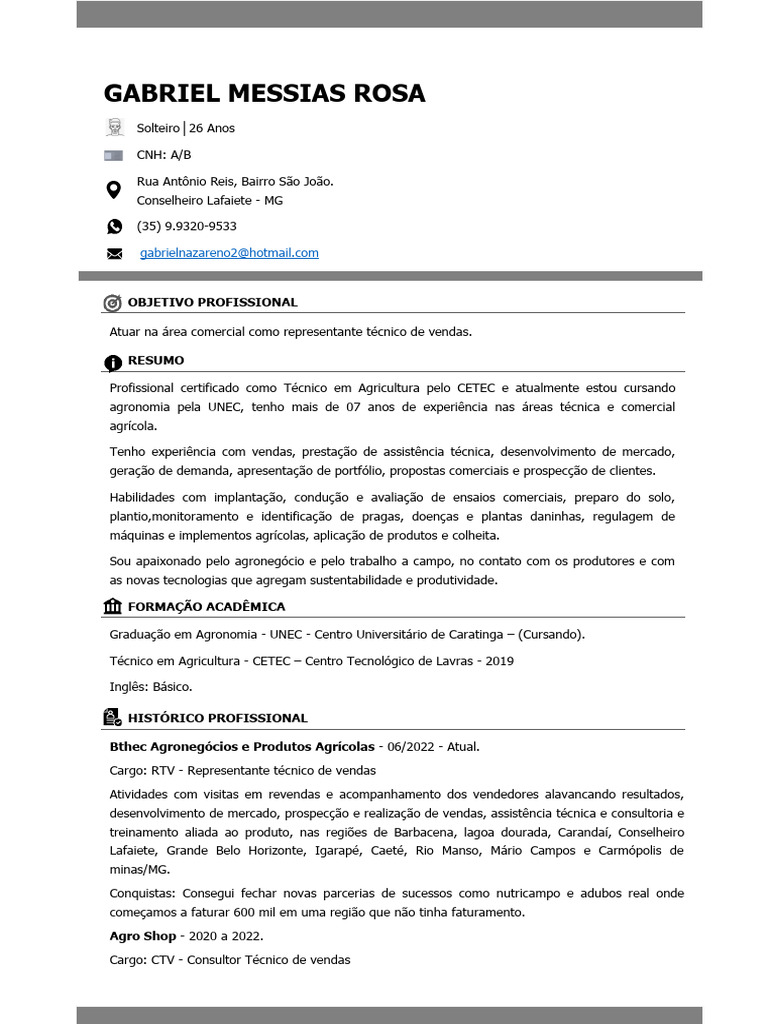Curriculo - Gabriel Messias Rosa | PDF | Agricultura | Ciências Agrárias