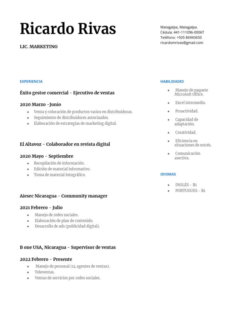 Currículum 2 | PDF | Marketing | Nicaragua