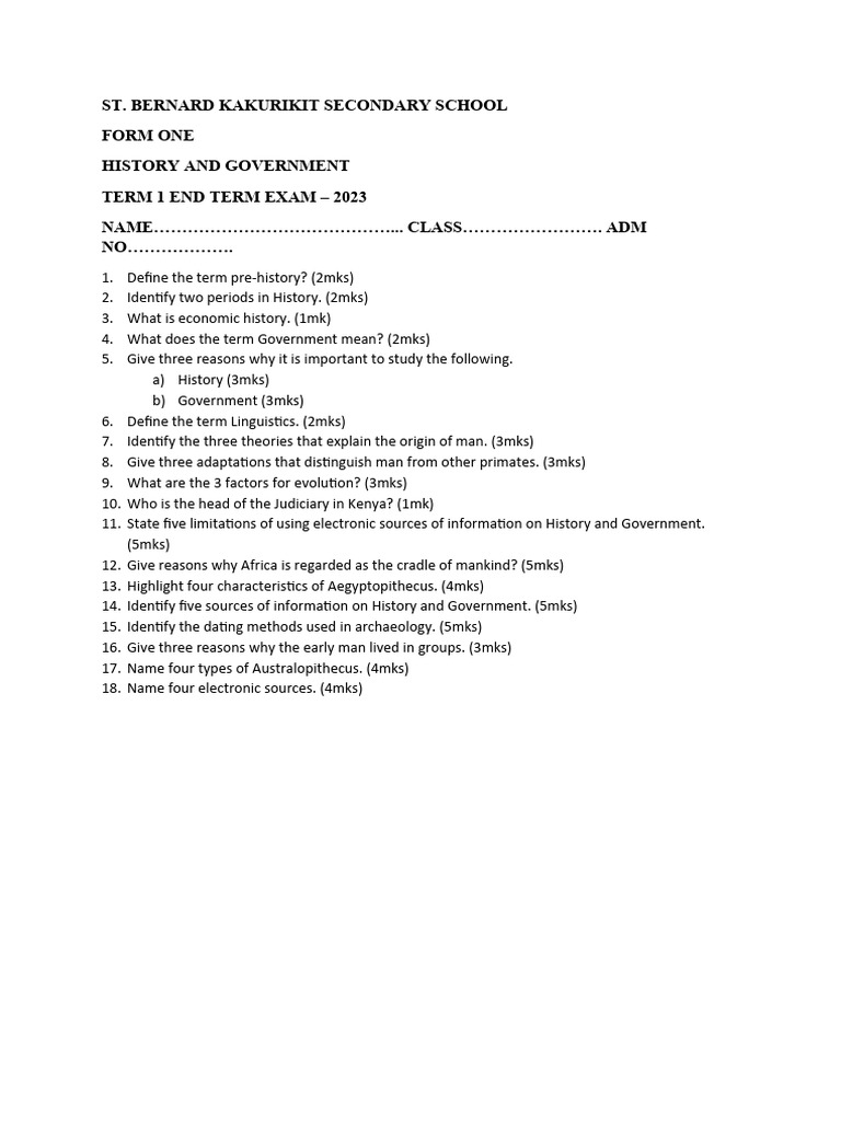 Form 1 History Exam | PDF