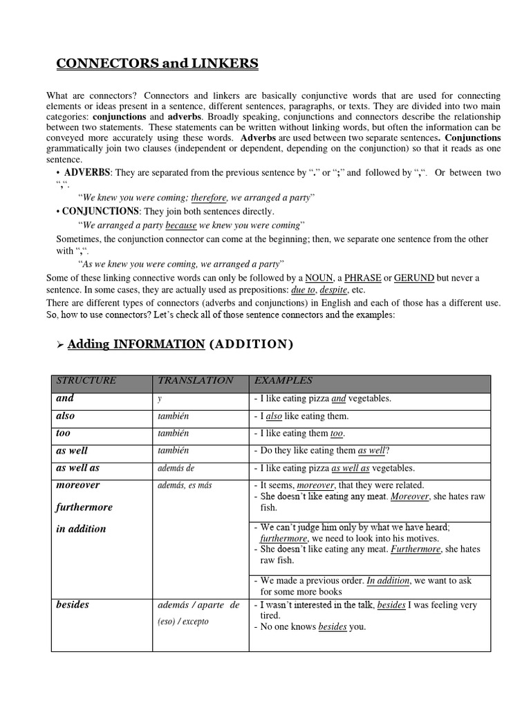 Linkers and Connectors | PDF | Adverb | Sentence (Linguistics)