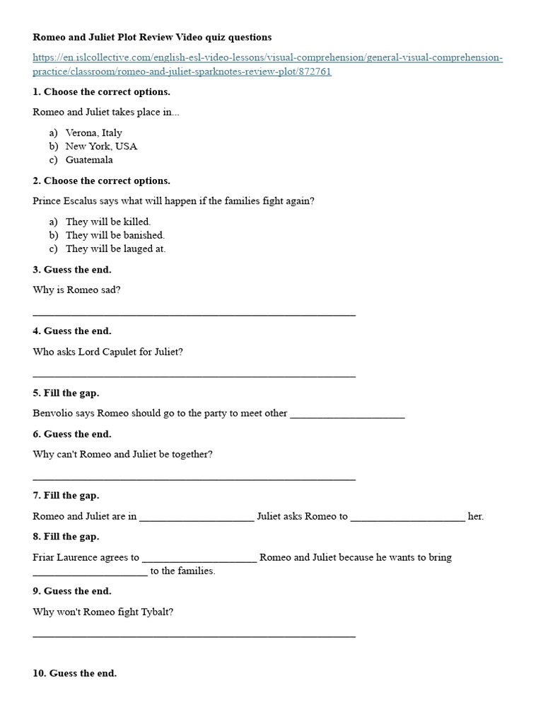 Romeo and Juliet Plot Review Video Quiz Questions | PDF