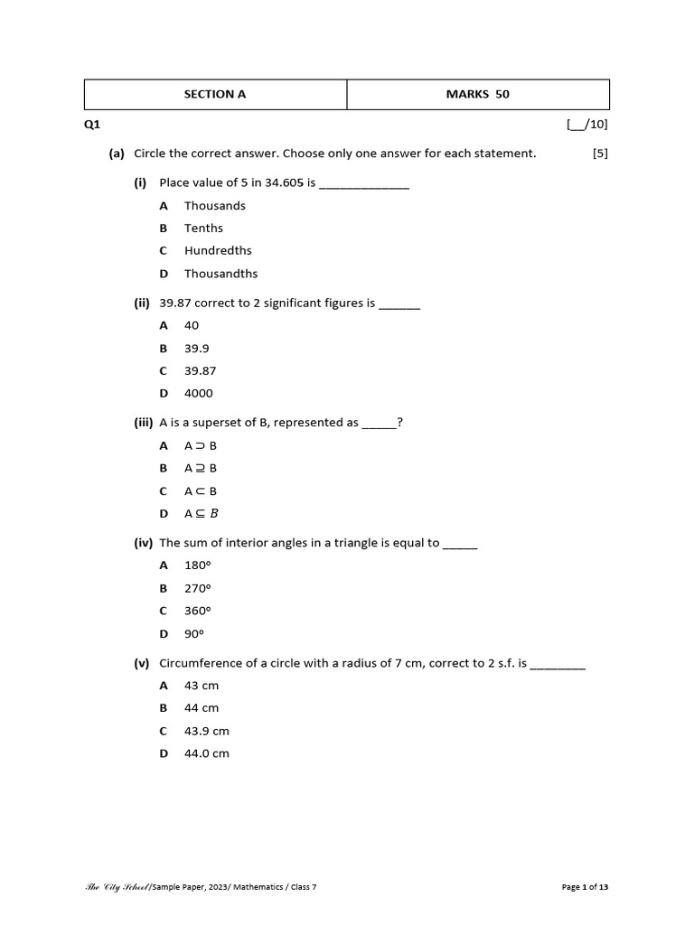 Mathematics Sample Paper - Class 7 | PDF | Circle | Cakes Mathematics Sample Paper - Class 7 | PDF | Circle | Cakes