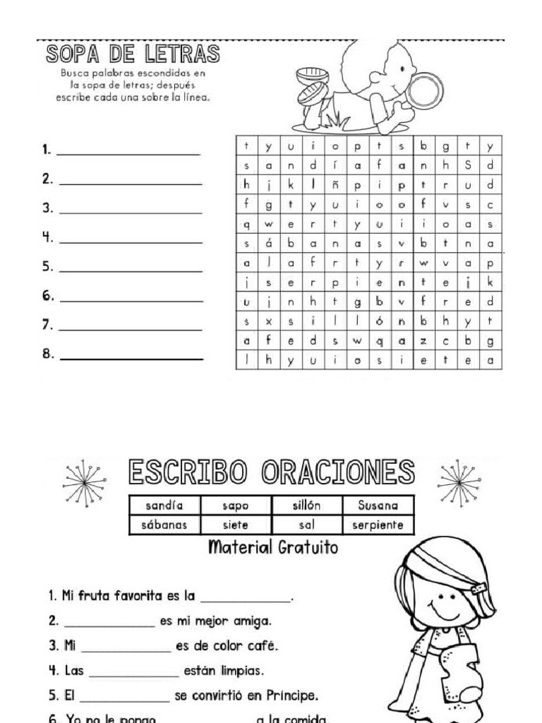 SOPA DE LETRAS Y FICHA DE ORACIONES | PDF