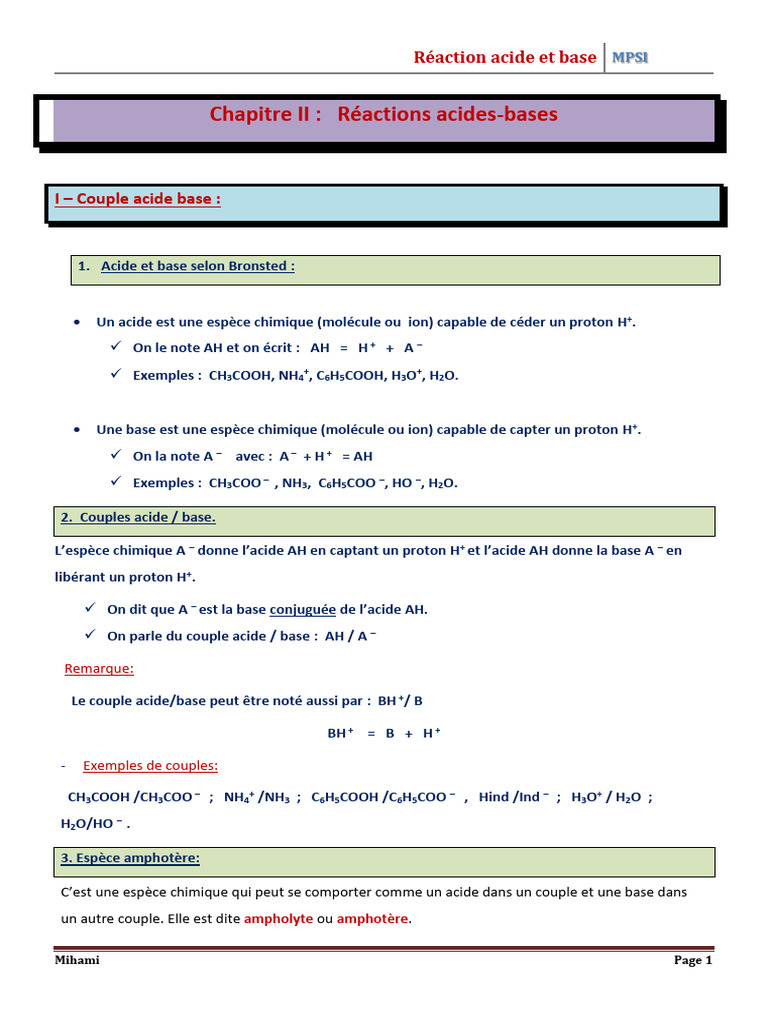 Réactions Acides-Base et Amphotérisme | PDF | Acide | Physique ...