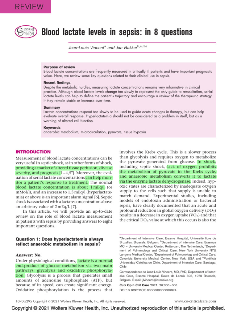 2021 Blood Lactate Levels in Sepsis in 8 Questions | PDF | Sepsis ...