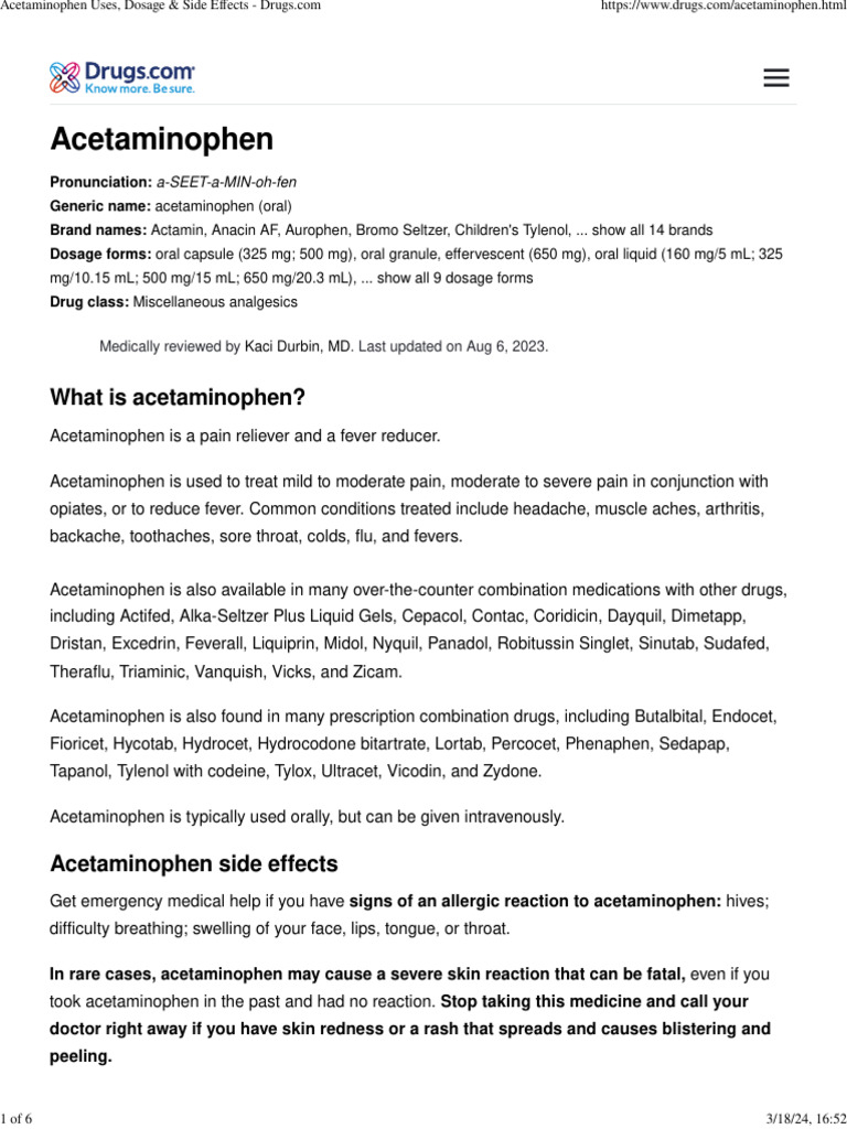 Acetaminophen: Uses and Side Effects | PDF | Tablet (Pharmacy) | Dose ...