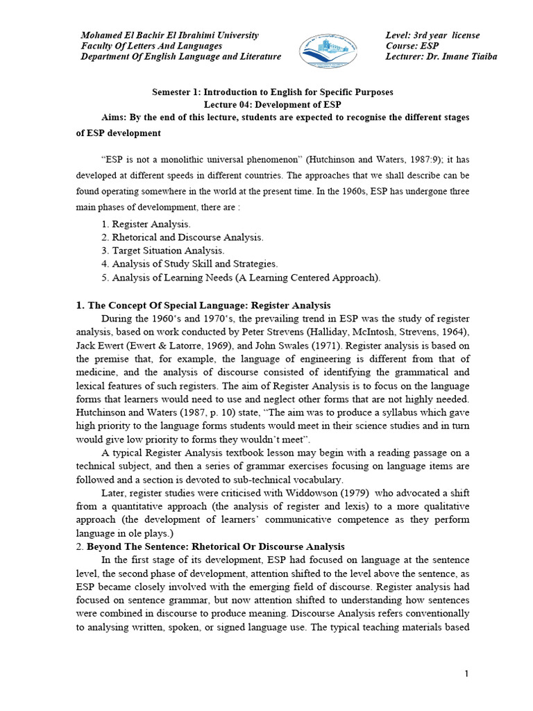 Lec 4 Development of ESP | PDF | Discourse | Learning