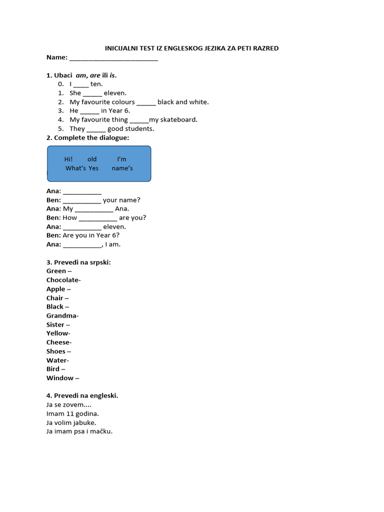 Inicijalni Test Iz Engleskog Jezika Za Peti Razred | PDF