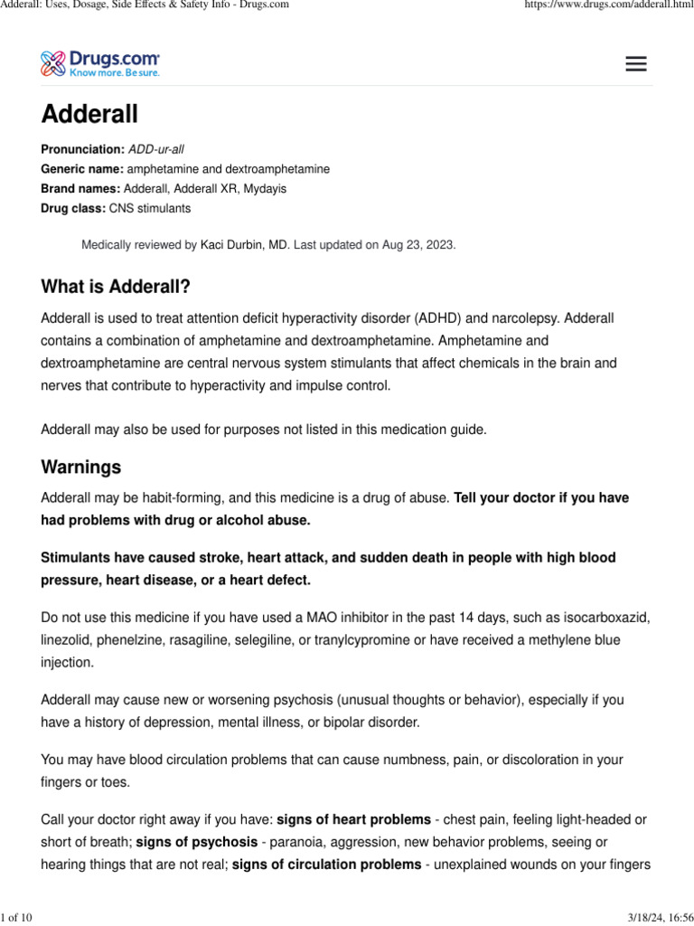 Adderall: Usage and Safety Overview | PDF | Dose (Biochemistry) | Chemistry