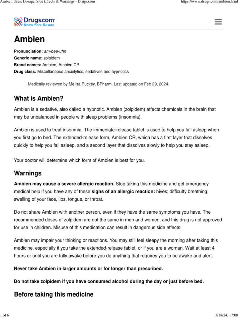 Ambien: Uses, Dosage, and Warnings | PDF | Insomnia | Clinical Medicine