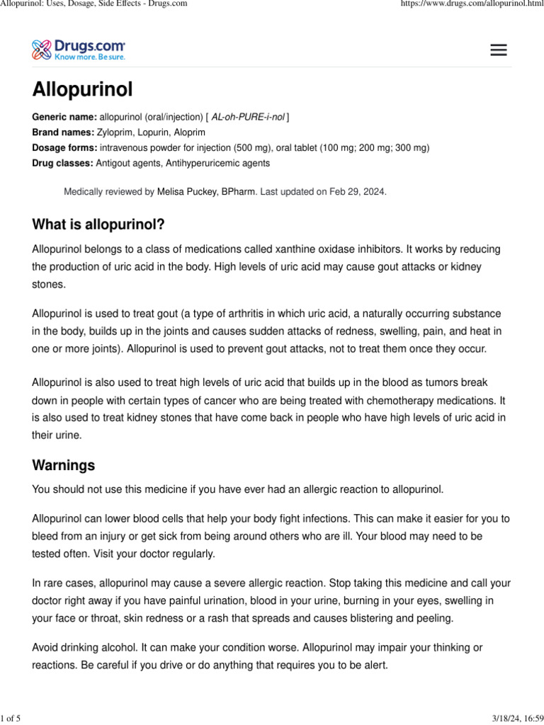 Allopurinol Uses, Dosage, Side Effects | PDF | Gout | Pharmacology