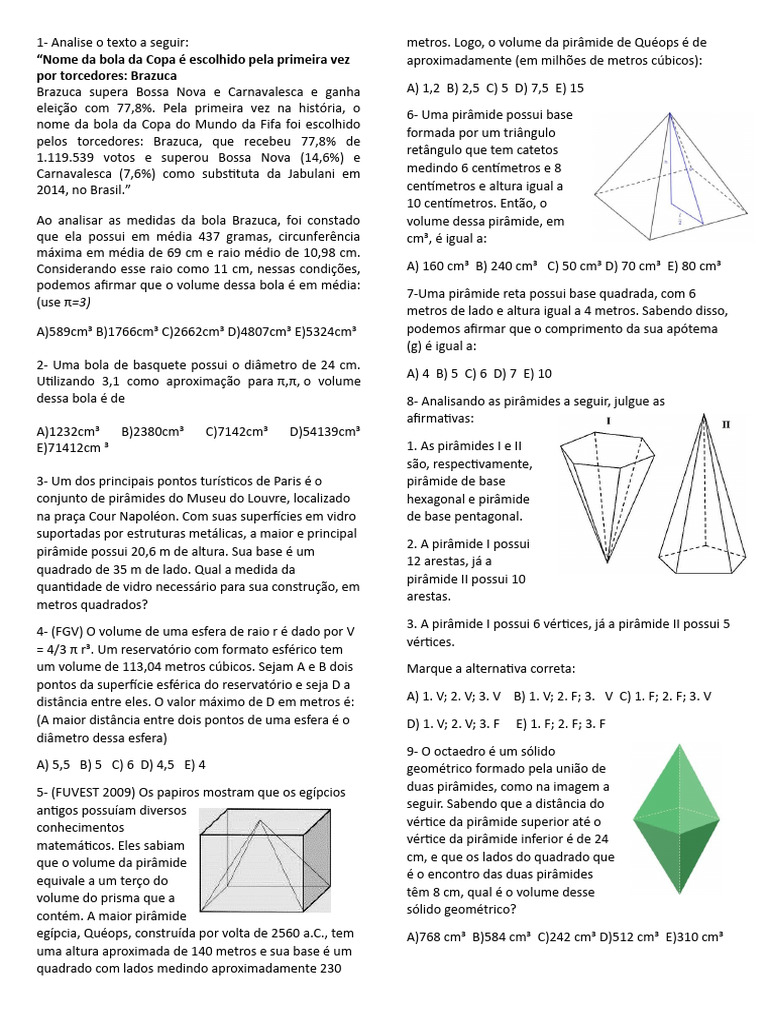 Exercicios Piramide e Esfera | PDF | Esfera | Geometria