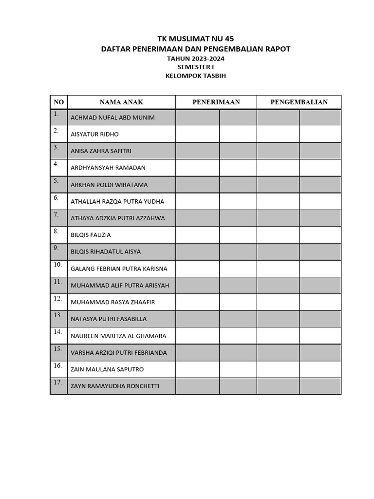 Daftar Penerimaan Rapot | PDF