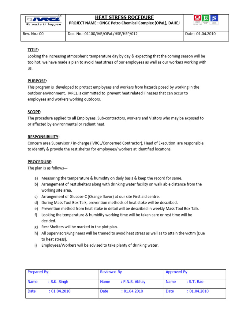 Heat Stress - Procedure | PDF | Hyperthermia | Occupational Safety And ...