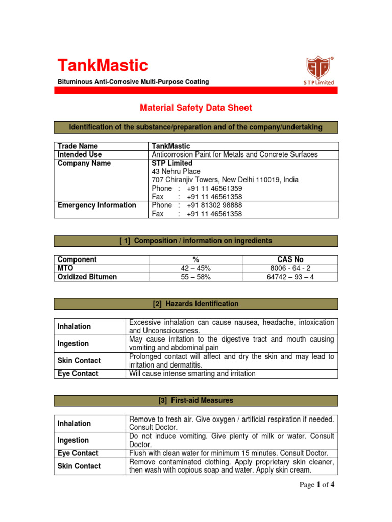MSDS TankMastic | PDF | Chemistry