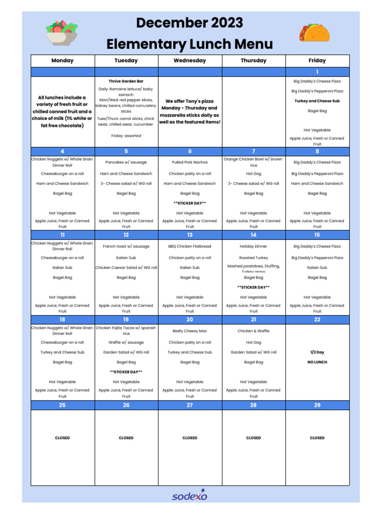 December 2023 Elementary Lunch Menu | PDF | Lunch | Salad