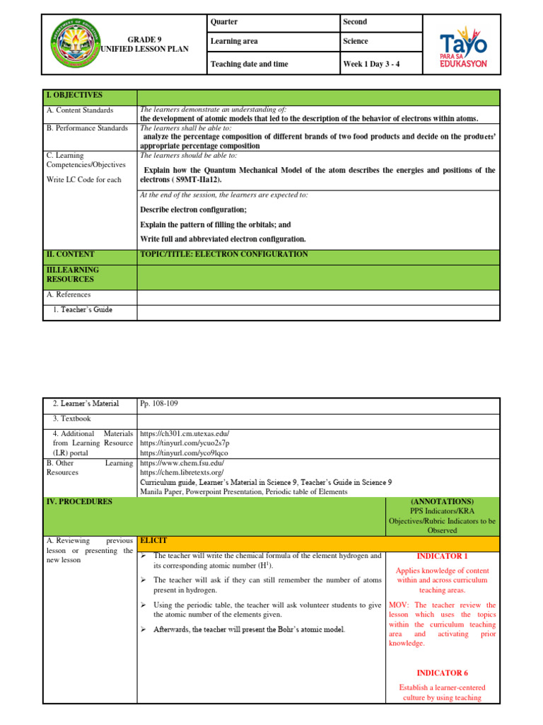 Grade 9 - 2nd Quarter - Week 1 Day 3-4 | PDF | Electron Configuration ...
