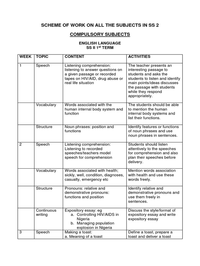 Hcssi Scheme of Work Ss2 | PDF | Word | Reading Comprehension