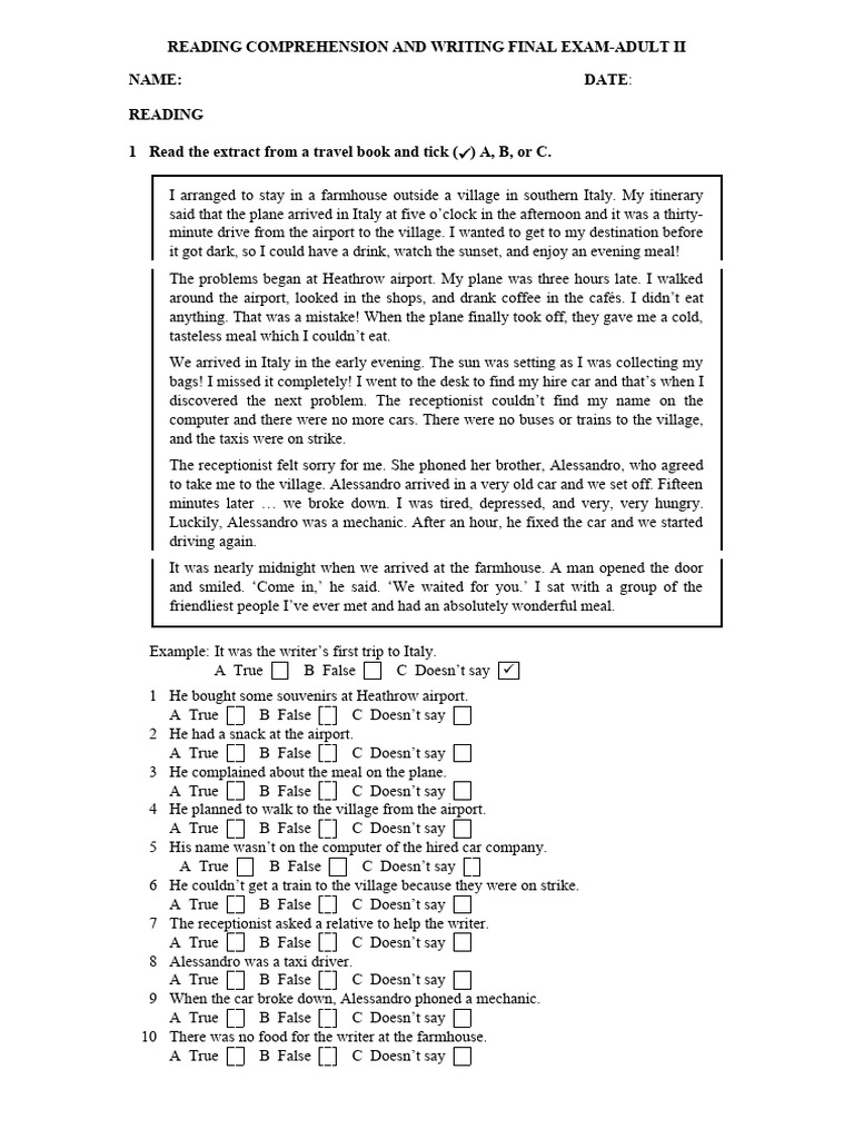 Reading Comprehension and Writing Final Exam - Rosana | PDF
