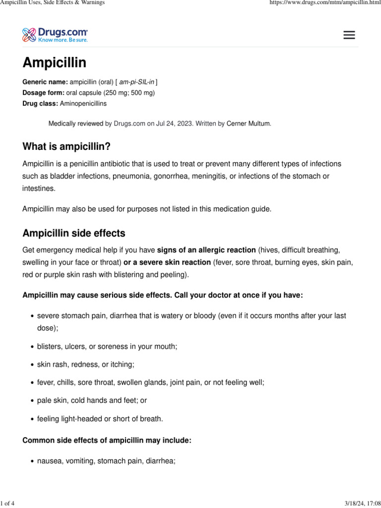 Ampicillin Uses, Side Effects & Warnings | PDF | Dose (Biochemistry ...