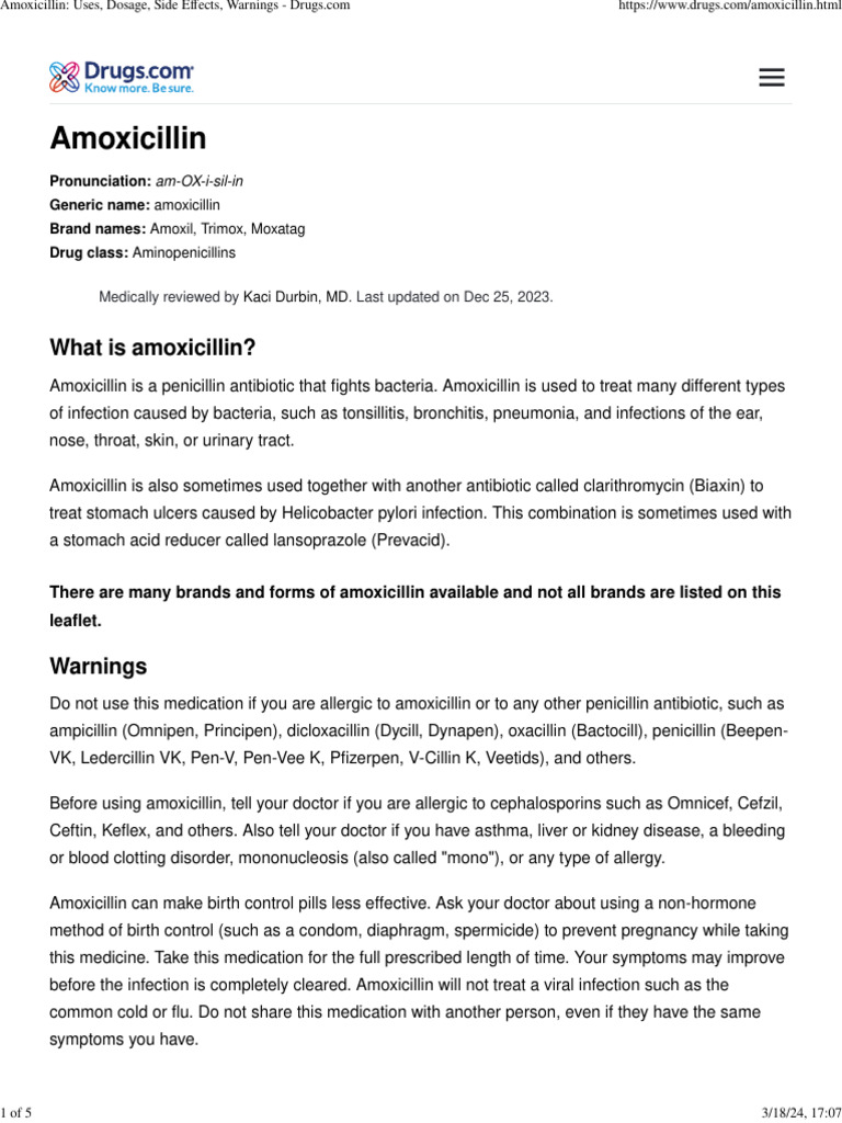 Amoxicillin Uses, Dosage, Side Effects, Warnings | PDF | Pharmacology ...