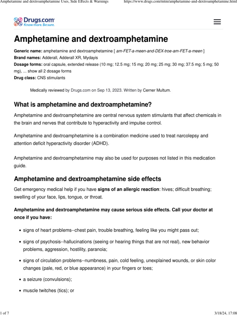 Amphetamine and Dextroamphetamine Uses, Side Effects & Warnings | PDF ... Amphetamine and Dextroamphetamine Uses, Side Effects & Warnings | PDF ...