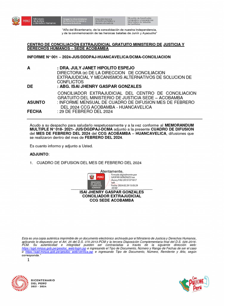 Informe N 001 2024 Informe de Difusion Del Mes de Febrero Del 2024 | Descargar gratis PDF ...
