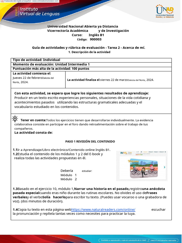 Activities guide and evaluation rubric - Unit 1 - Task 2 - About me.en.es | PDF | Oración ...