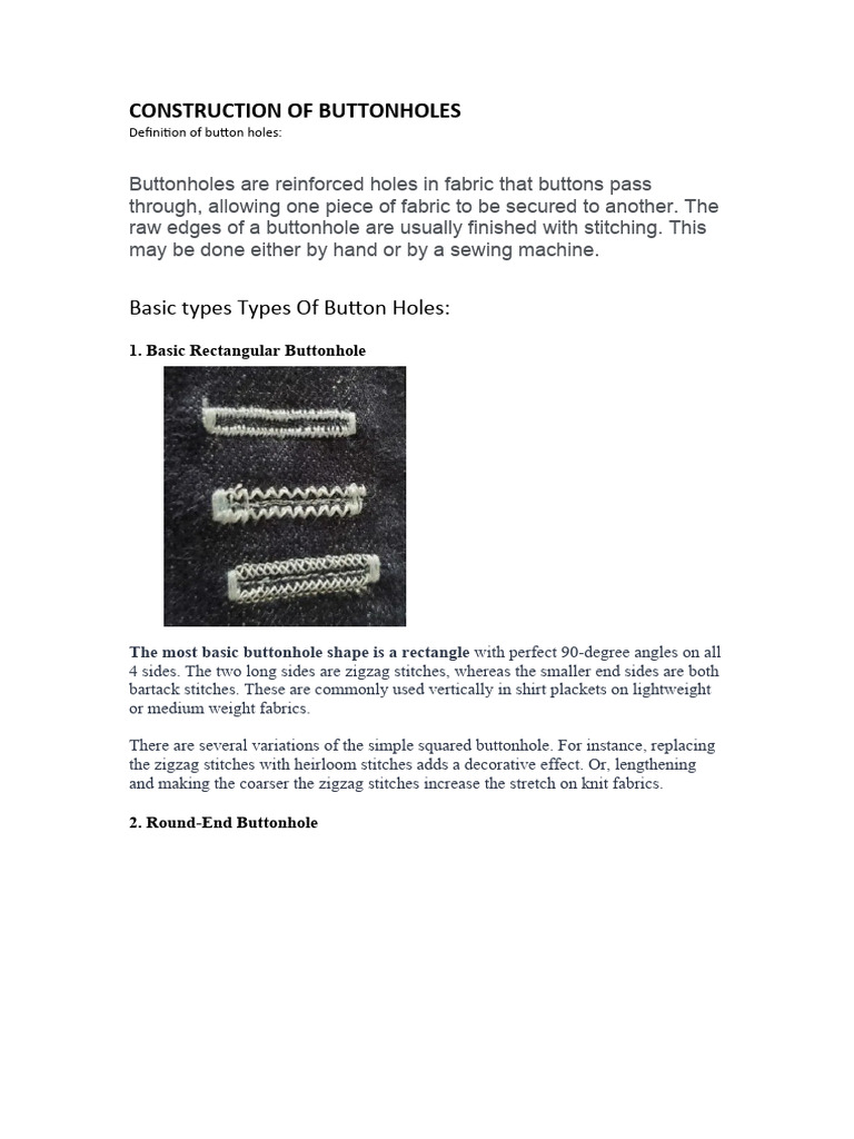 Construction of Buttonholes | PDF | Embroidery | Textiles
