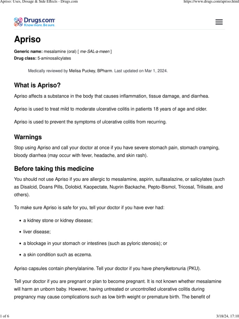 Apriso Uses, Dosage & Side Effects | PDF | Ulcerative Colitis | Dose (Biochemistry)