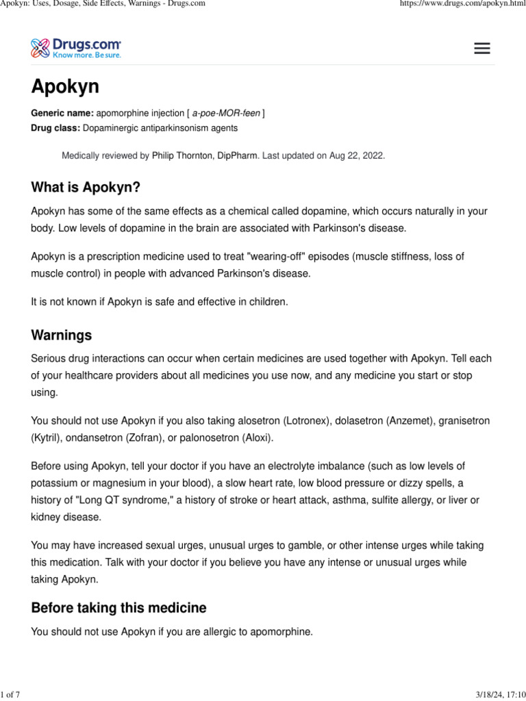 Apokyn Uses, Dosage, Side Effects, Warnings | PDF | Dose (Biochemistry ...