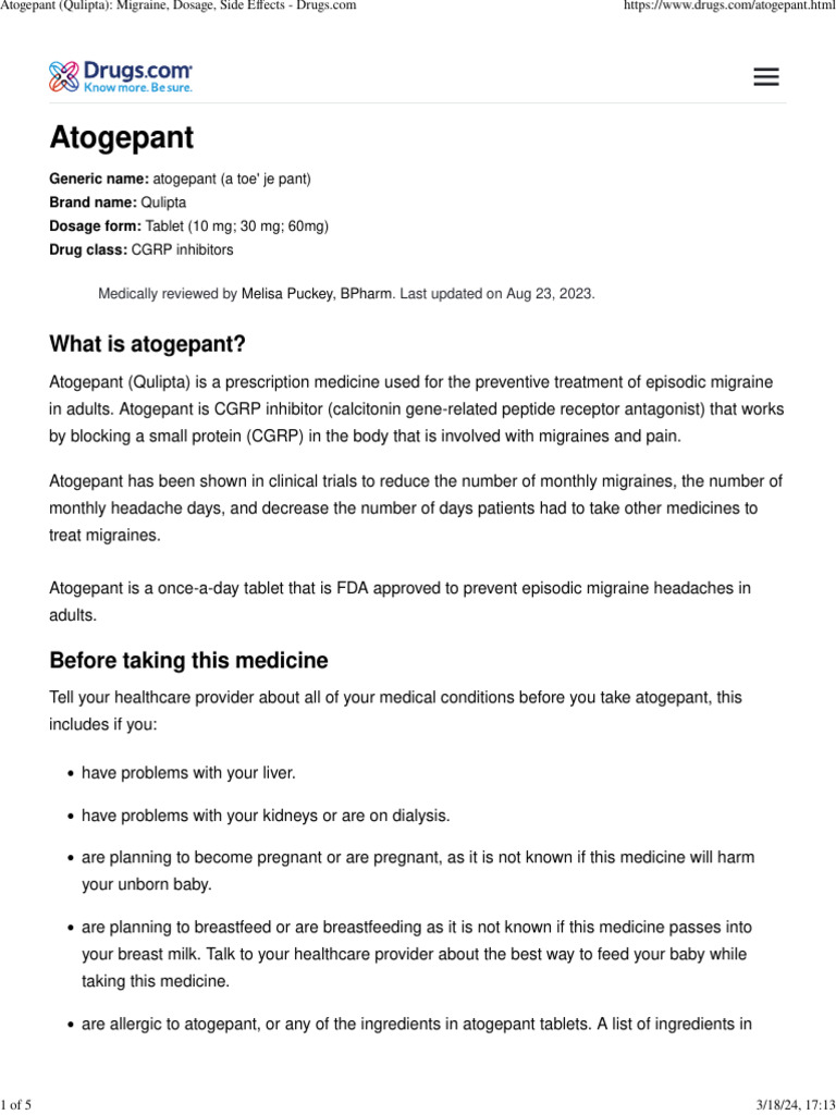Atogepant (Qulipta) Migraine, Dosage, Side Effects | PDF | Dose (Biochemistry) | Chemistry