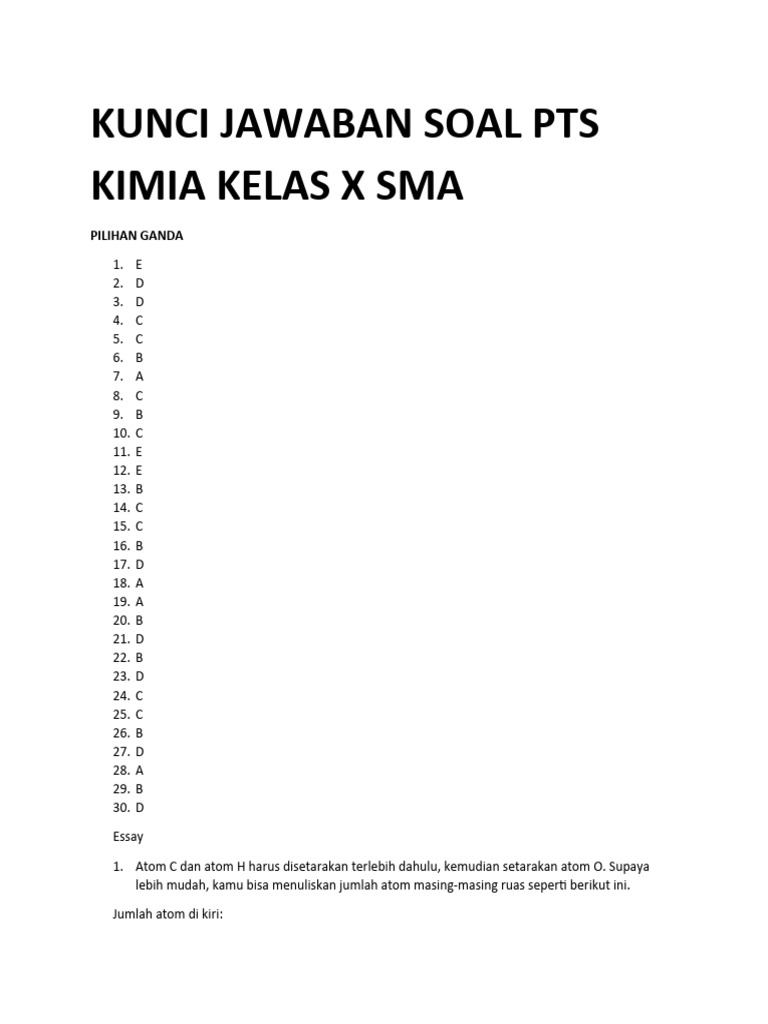 Kunci Jawaban Soal Pts Kimia Kelas X Sma | PDF