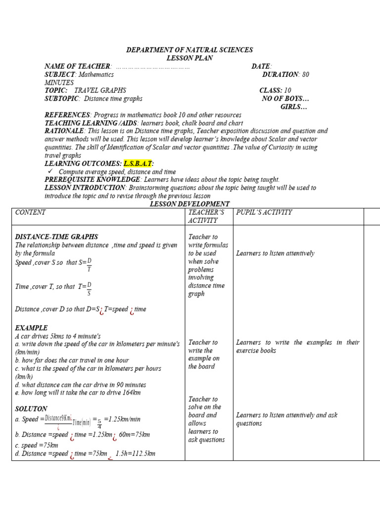 Travel Graphs Lesson Plan for Year 10 | PDF | Speed | Distance