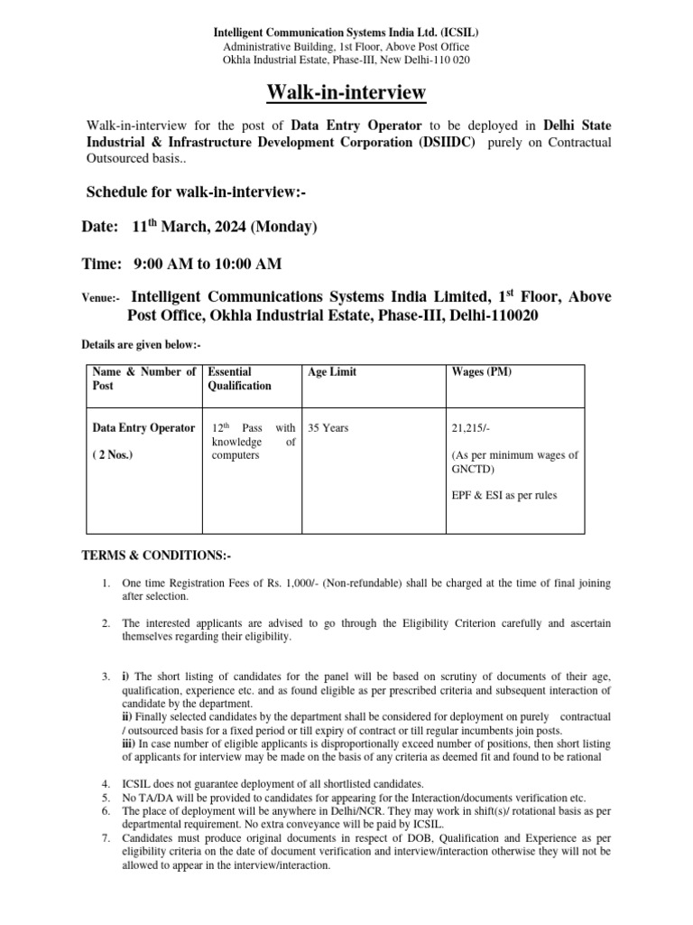 Dsiidc Deo Walk-In Advertisement Feb 2024 | PDF