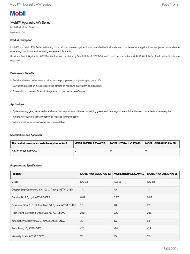 EU XX Mobil Hydraulic AW Series | PDF | Exxon Mobil | Oils