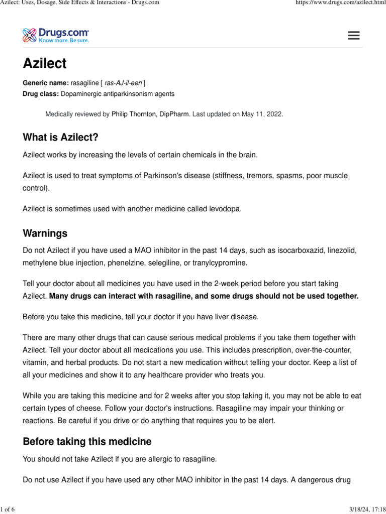 Azilect Uses Dosage Side Effects And Interactions Pdf Dose Biochemistry