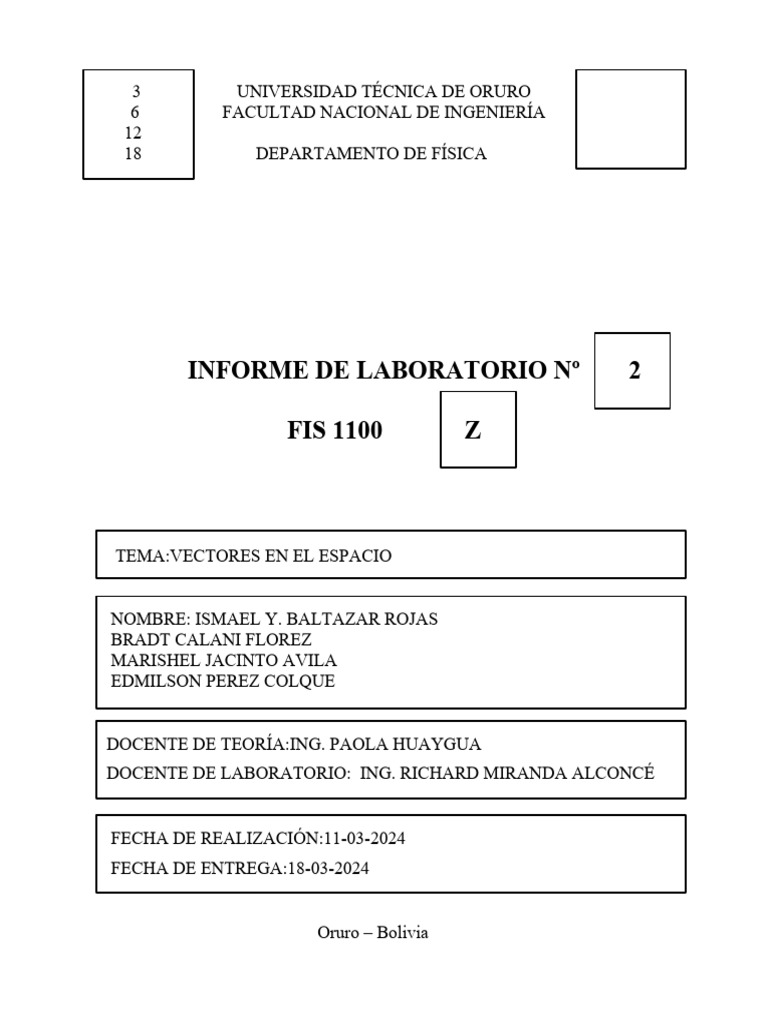 Caratula de Presentacion de Informes Lab Fiss 02 | PDF | Vector Euclidiano | Movimiento (física)
