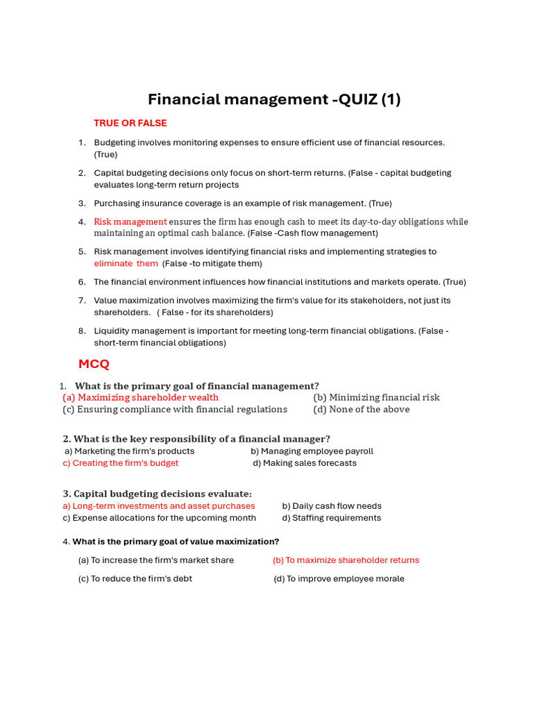 Financial Management Quiz Model Answer | PDF | Financial Markets | Foreign Exchange Market